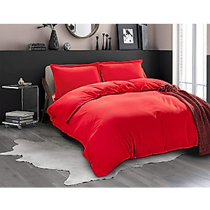 La Calypso Bedding 100% Cotton 600 Thread Count 4 Piece Duvet Set, 1 Duvet Cover with Button Closure & Corner Ties, 1 Fitted Sheet 21" Deep Pocket and 2 Pillow Cover (Queen Size, Red)
