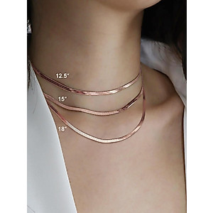 FOCALOOK Rose Gold Plated Flat Snake Chain Necklace Herringbone Necklace Pink Choker Necklaces for Women 3MM(W) 12.5+3.5"(L)