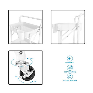 Amatic 3 Tier Foldable Metal Rolling Cart, Collapsible Rolling Storage Organizer with Wheels, Folding Laundry Utility Cart for Kitchen & Office, Include 3 Hanging Cups & 6 Hooks (White)