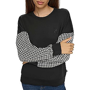 Karl Lagerfeld Paris Women's Houndstooth Detail Long Sleeve Blouse, Black