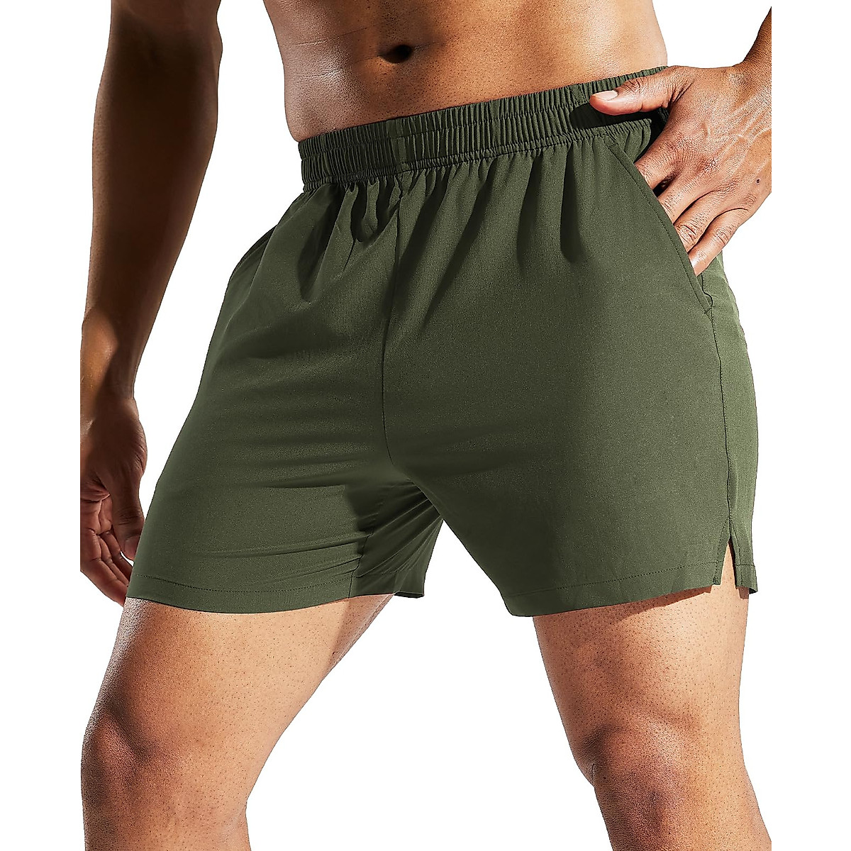 MIER Men's Workout Running Shorts Quick Dry Active 5 Inches Exercise Shorts with Pockets, Lightweight, Breathable, Army Green, L