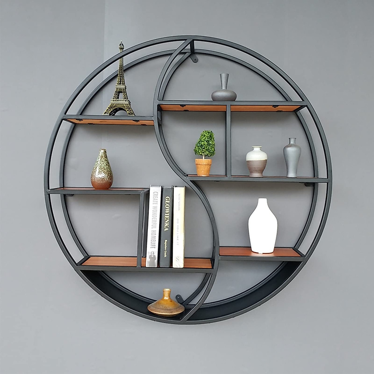 Drsyffsup Round Wall Floating Shelves ，Industrial Metal Wall Decoration Storage Shelf with Wood Board,Display Wine Rack Flower Pot Stand for Bedroom Living Room (Size : 68x16x68cm)