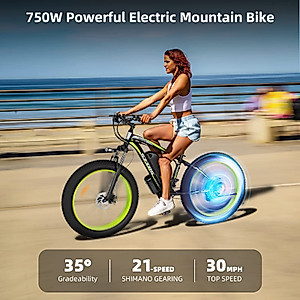SZTPS Electric Bike, E-Bike for Adults 750W 26" Fat tire,30Mph Max Speed，Adult Electric Bicycles with Phone Charger Mount,Suspension Fork,21 Speed Gears