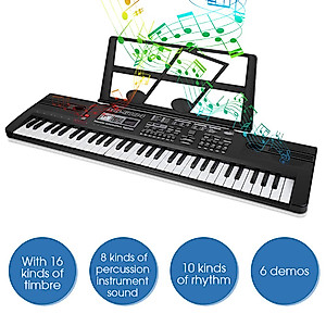 61 Keys Piano Keyboard, Portable Electronic Music Keyboard with Microphone, Music Sheet Stand & Power Supply for Beginner Student