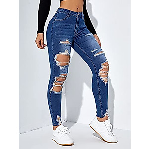 Floerns Women's Cut Out Ripped Jeans Raw Hem High Waist Skinny Denim Pants Blue S