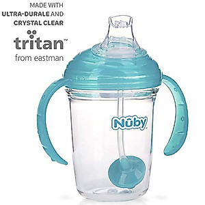 Nuby No Spill 360 Weighted Straw Grip N' Sip Tritan Cup with Hygienic Cover, 8 Oz, Trainer Cup, Teal