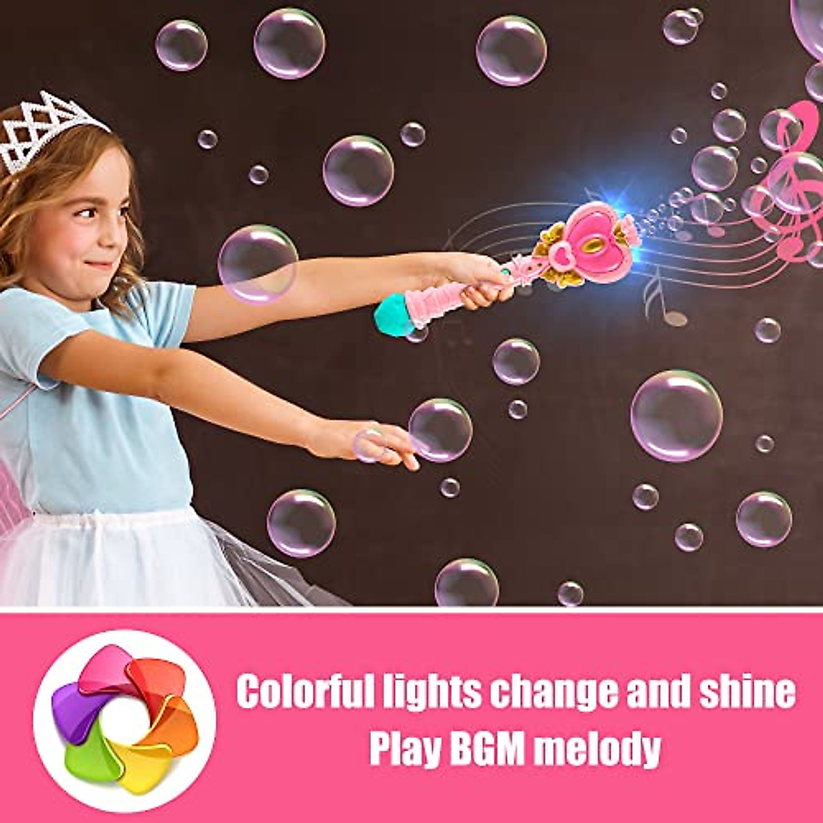 Princess Bubble Wand for Kids, Heart Bubble Machine Blower Maker Wands with Music and Light, Outdoor Party Birthday Magic Bubble Machine Toys for Girls Toddlers