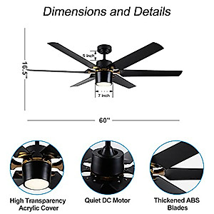 60 inch Large Ceiling Fan with Light and Remote, Modern Black Ceiling Fans with Gold Alloy, Dimmable 3-Color Temperature Reversible Blades 6 Speed Quiet DC Motor for Bedroom Living Room Hall etc
