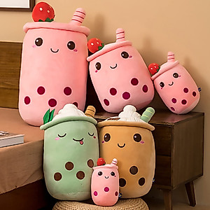 VICKYPOP Boba Plush Toy Cute Stuffed Bubble Tea Food Shaped Throw Pillow Cushion Cartoon Fruit Milk Tea Gift for Kids (Pink Open, 9.4 inches)