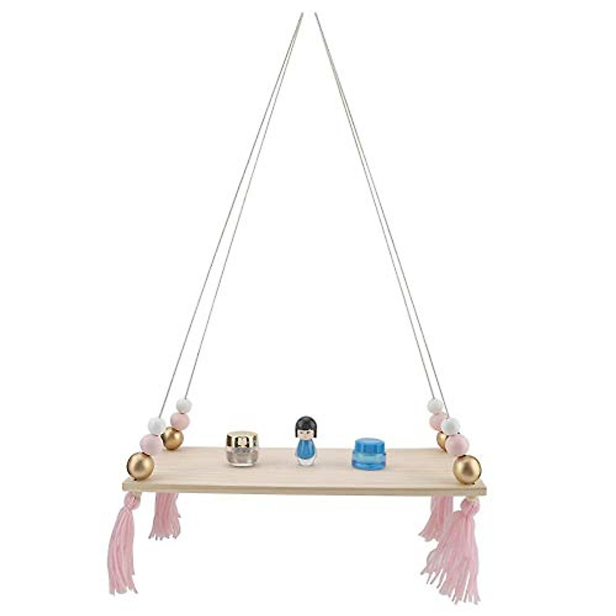 Mumusuki Wall Hanging Shelf with Round Beads Decorative Hanging Swing Rope Floating Shelves Storage Rack DIY Home Wall Hanging Decor(Pink + Gold)