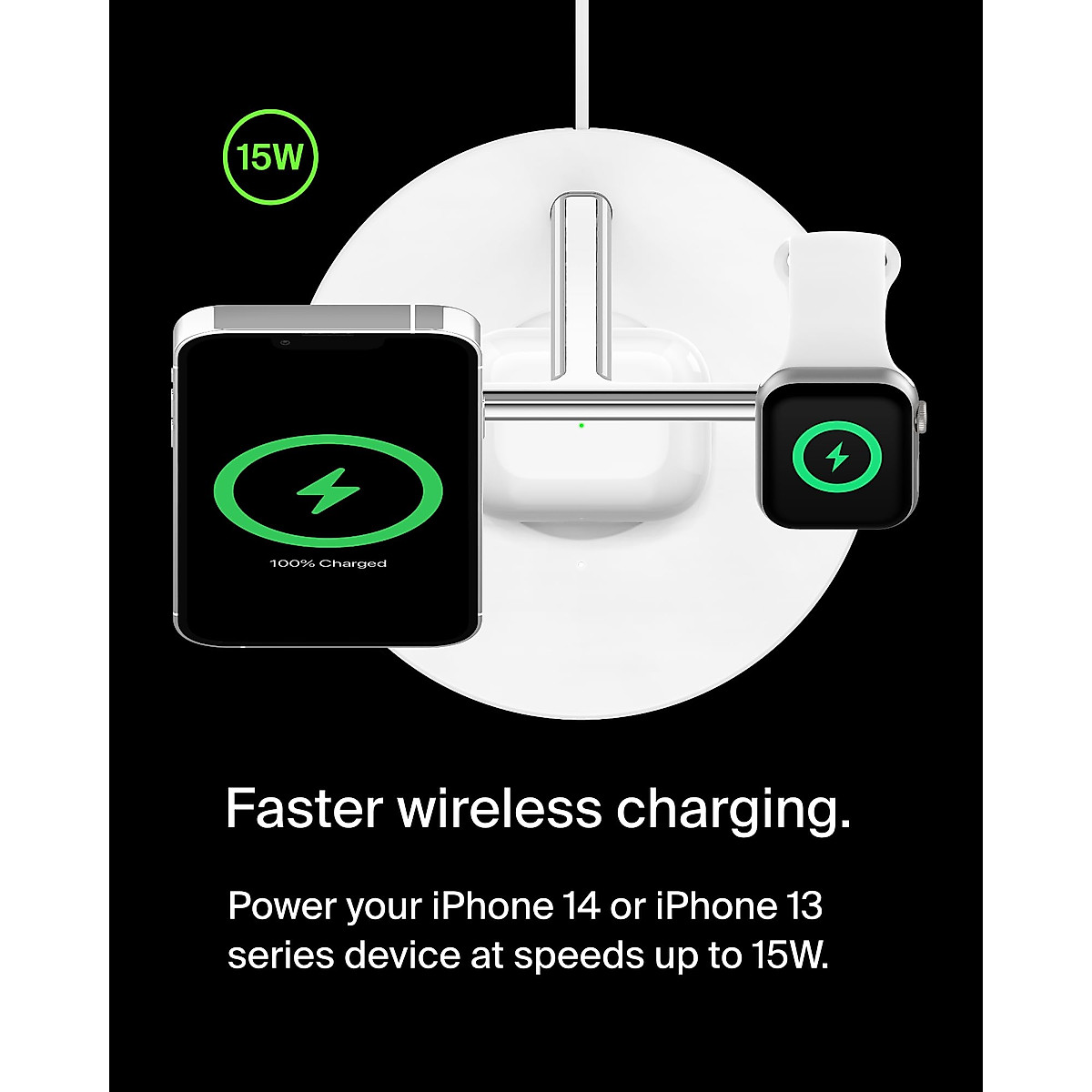 Belkin MagSafe Charger, 3-in-1 Wireless Charging Stand, 2ND GEN, 33% Faster for Apple Watch, iPhone 16, iPhone 15, iPhone 14 Series, AirPods - MagSafe Charging Station for Multiple Devices - White