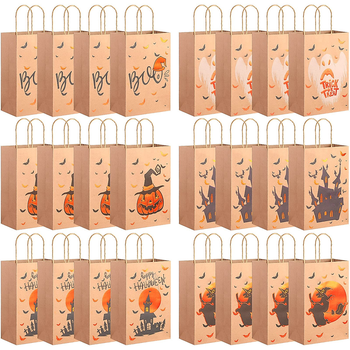 Yexiya Halloween Treat Bags Kraft Paper Candy Gift Bags with Handles Goodies Bags for Halloween Party Favors Supplies Bulk (24)