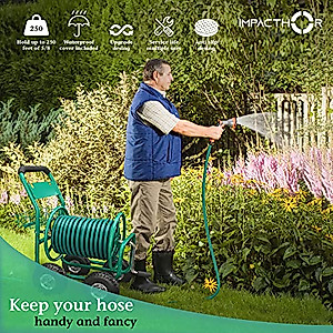 IMPACTHOR Garden Hose Reel Cart - 4 Wheels Heavy Duty Hose Cart, Nozzle & Waterproof Cover Cart Included - Holds up to 250 Feet 5/8 Inch Hose