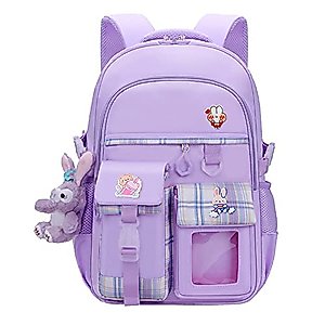 Myyunhx Backpack for Girls 17Inch Large Capacity Girl School Backpack for kid with Plush Cartoon Pendant and Decorative Card (Purple)