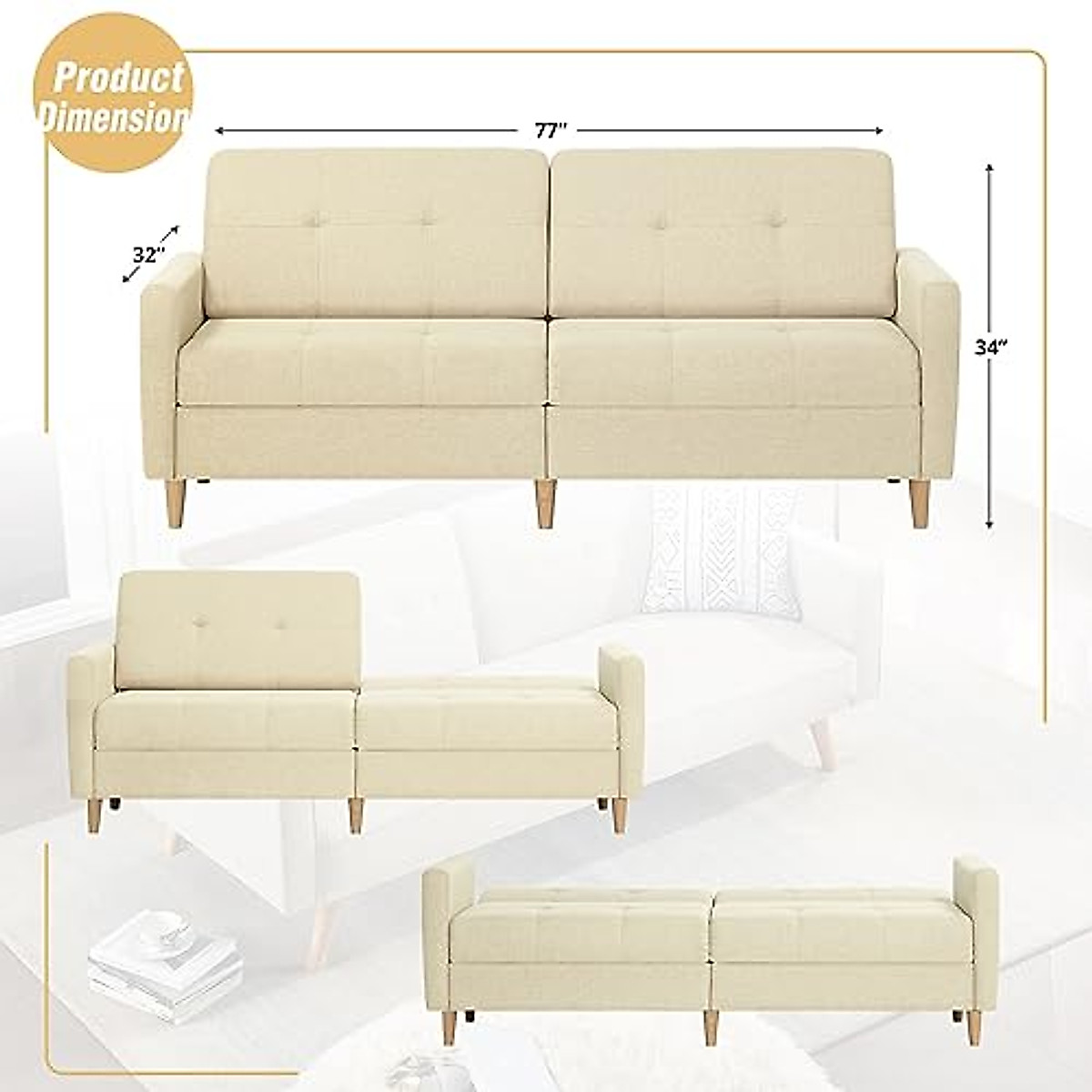 BIVVI Convertible Folding Loveseat Couch 77” Long Linen Fabric Sofa Bed with Adjustable Backrest and Wooden Legs,Large Sleeper Lounge Couch for Living Room Dorm Guest Home Office Apartment,Beige