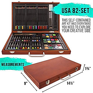 U.S. Art Supply 82-Piece Deluxe Artist Studio Creativity Set Wood Box Case - Art Painting, Sketching Drawing Set, 24 Watercolor Paint Colors, 24 Oil Pastels, 24 Colored Pencils, 2 Brushes, Starter Kit