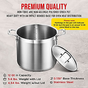 Stockpot – 12 Quart – Brushed Stainless Steel – Heavy Duty Induction Pot with Lid and Riveted Handles – For Soup, Seafood, Stock, Canning and for Catering for Large Groups and Events by BAKKEN