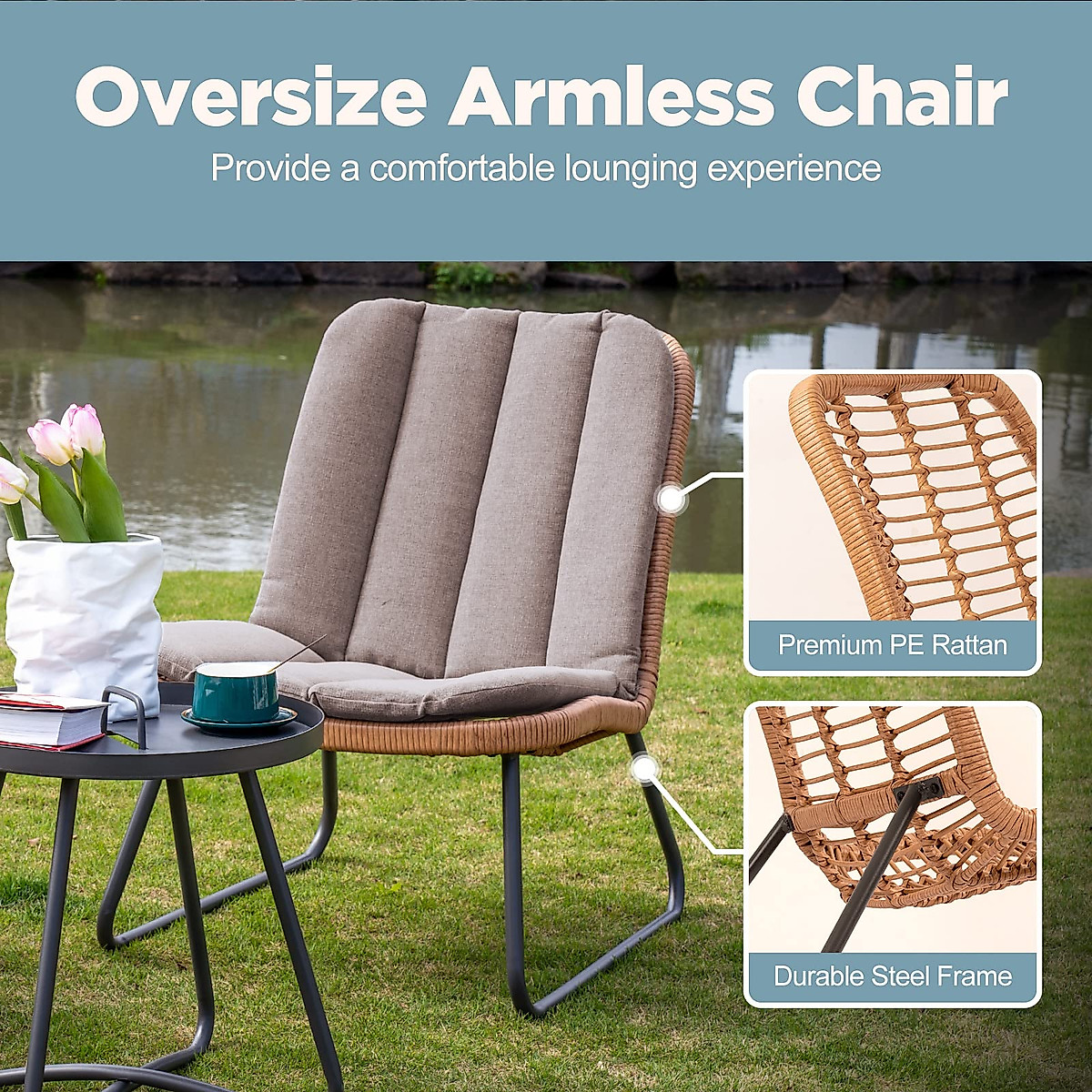 3PCS Patio Conversation Set Rattan Patio Furniture Set Adjustable Feet L-shaped Wicker Furniture Set with Portable Table Outdoor Patio Bistro Set Soft Cushions Detachable Balcony Backyard Deck