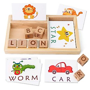 Coogam Spelling Games, Wooden Matching Letters Toy with Flash Cards Words, Montessori ABC Alphabet Learning Educational Puzzle Gift for Preschool Boys Girls Kids Age 3 4 5 Years Old