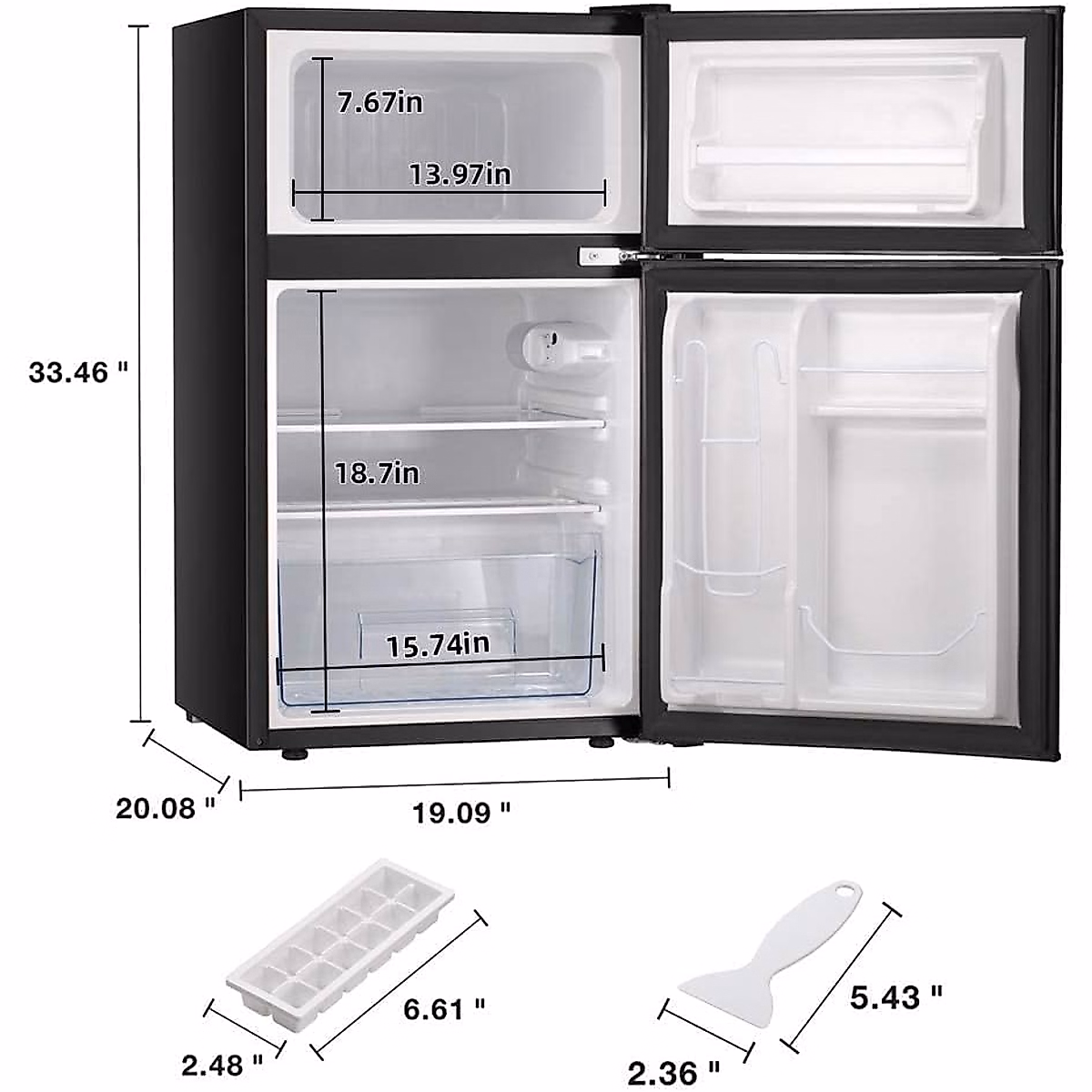 Joy Pebble Small fridge with freezer,3.2 cu.ft compact refrigerator with freezer,Mini Fridge for bedroom, Dorm or Apartment with Adjustable Removable Glass Shelves,Black