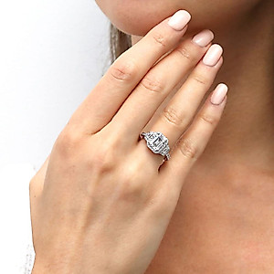 BERRICLE Sterling Silver 3-Stone Wedding Engagement Rings Step Emerald Cut Cubic Zirconia CZ Halo Ring for Women, Rhodium Plated Size 9