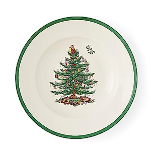 Spode Christmas Tree 9" Soup Plate (Set of 4) - Stoneware Soup Bowls with Festive Tree Design & Green Rim, Ideal for Serving Soup, Pasta, Salad - Microwave & Dishwasher Safe Holiday Dinnerware