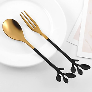 AnSaw 10-Pc Black & Gold Mini Spoons & Forks Set, 4.7" Leaf Handle - Stainless Steel, Ideal for Coffee,Tea, Appetizers, Tastings, Parties, Charcuterie & Cocktails