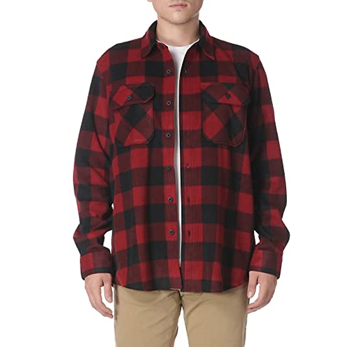 Wrangler Authentics Men's Long Sleeve Heavyweight Fleece Shirt Red Buffalo Plaid Medium