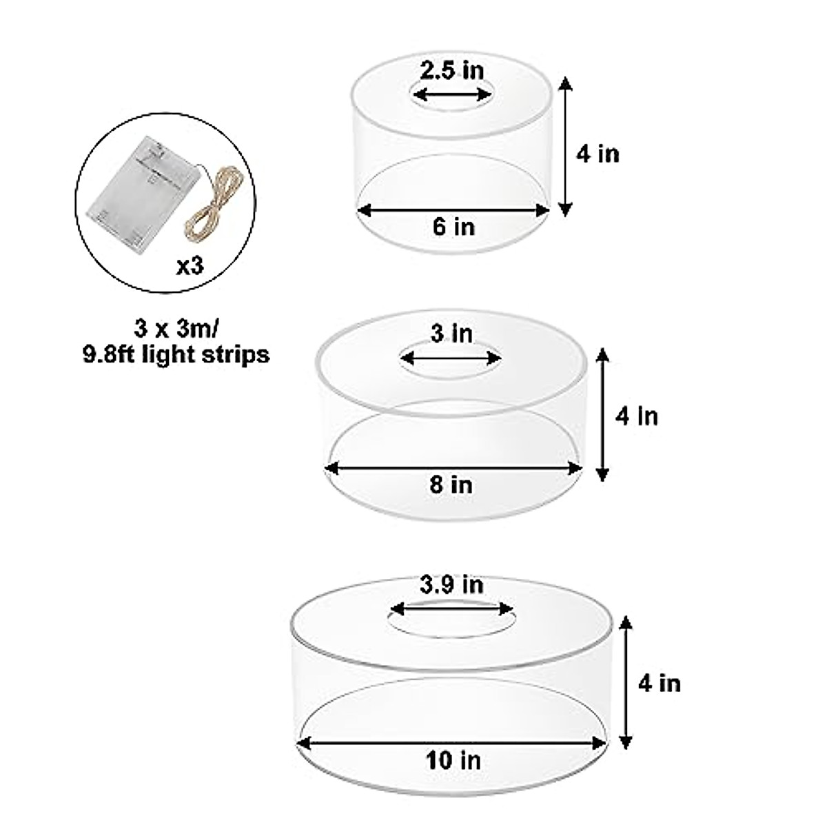 Cutora 3PCS Acrylic Cake Stand Fillable Clear Cake Riser Box Cylinder Round Display Case for Wedding Birthday Party 3 Tiers 6" 8" 10"