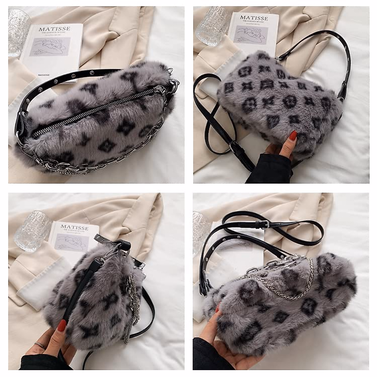 2022 New Leopard Print Plush Shoulder Cross-body Bag Fashion Chain One-shoulder Armpit Tote Y2K Purse Hobo Bag (Beige)