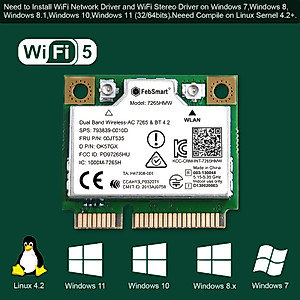 FebSmart Mini PCIE WiFi Adapter with WiFi Stereo Adapter, Wireless-AC 1200Mbps (2.4GHz 300Mbps or 5G 867Mbps), for Windows 7, 8.1, 10, 11(32/64bit) & Linux 4.2+, Wireless-AC 7265HMW