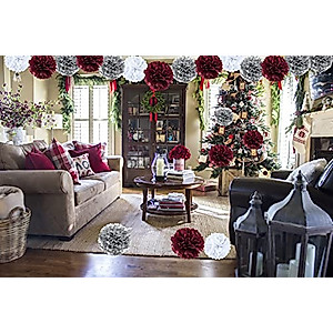 Decorations 2022 Maroon Graduation/Burgundy Silver White Birthday Decorations for Women 40th/50th Birthday 12 Tissue Paper Pom Poms Maroon Burgundy Silver Wedding/Bridal Shower Retirement Decorations