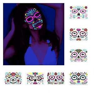 Beilingdun Halloween & Day of the Dead Sugar Skull Glowing Temporary Face Tattoos (8 Packs),Roses Spider Net and Floral Black Skeleton Web Red Roses Full Face Mask Tattoo for the halloween &Night Party