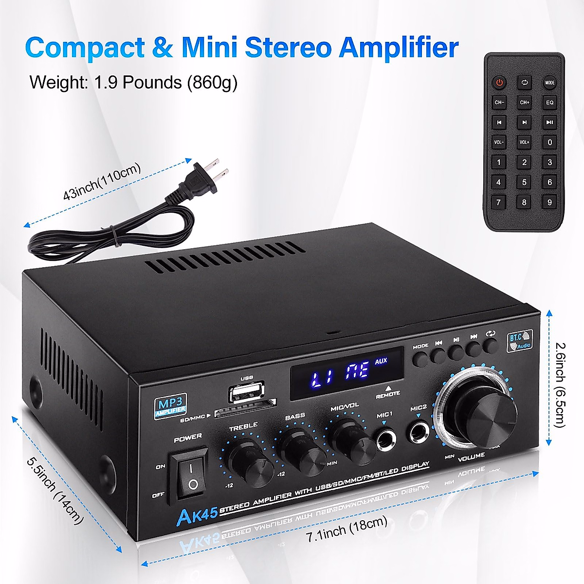 AK45 Home Audio Power Amplifier with Bluetooth, 100Wx2 Audio Stereo Receiver, Home Amplifiers w/FM Radio USB, AUX, RCA, SD for Home Theater Speakers Audio Stereo, Studio