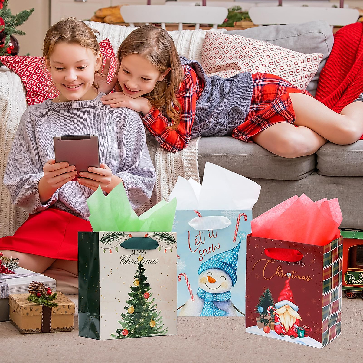 Nihuecne 12 Pack Christmas Gift Bags with Tissue Paper, 6" Small Holiday Gift Bags with Handles for Christmas, Holiday Party,12 Designs (5 x 6.25 x 2.9 In)