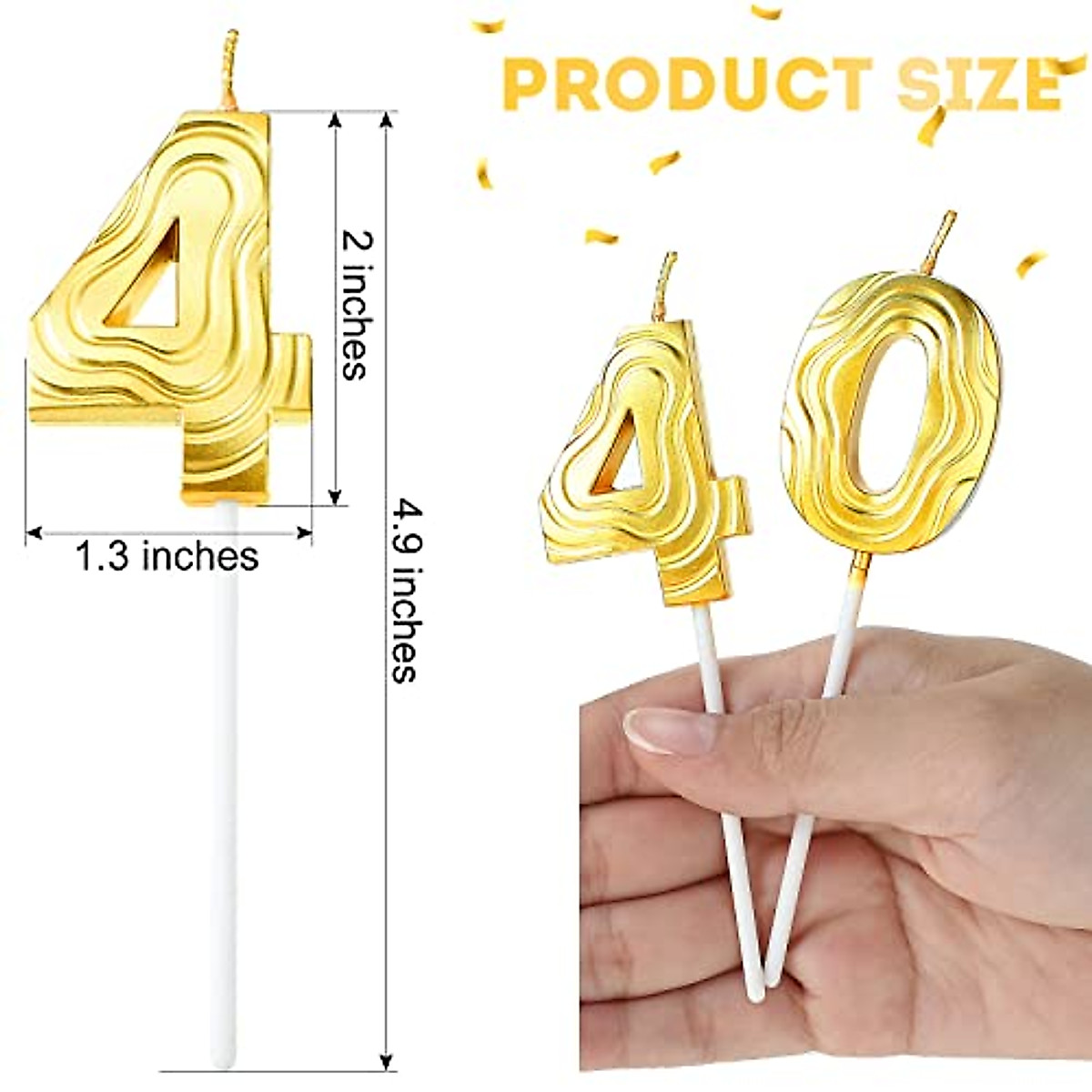 40th Birthday Candles Happy Birthday Cake Topper 40th Birthday Decorations 3D Streamline Number Candles for Men Women Birthday Wedding Anniversary Celebration Supplies (Gold)