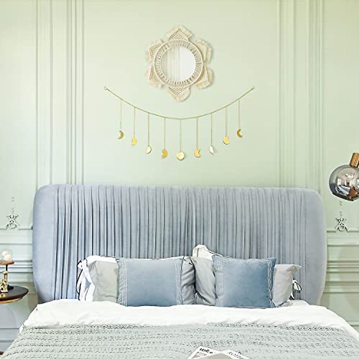 Mkono Hanging Wall Mirror with Macrame Fringe Round Boho Mirror Art Decor for Apartment Living Room Bedroom Baby Nursery Dorm Entryways, Ivory