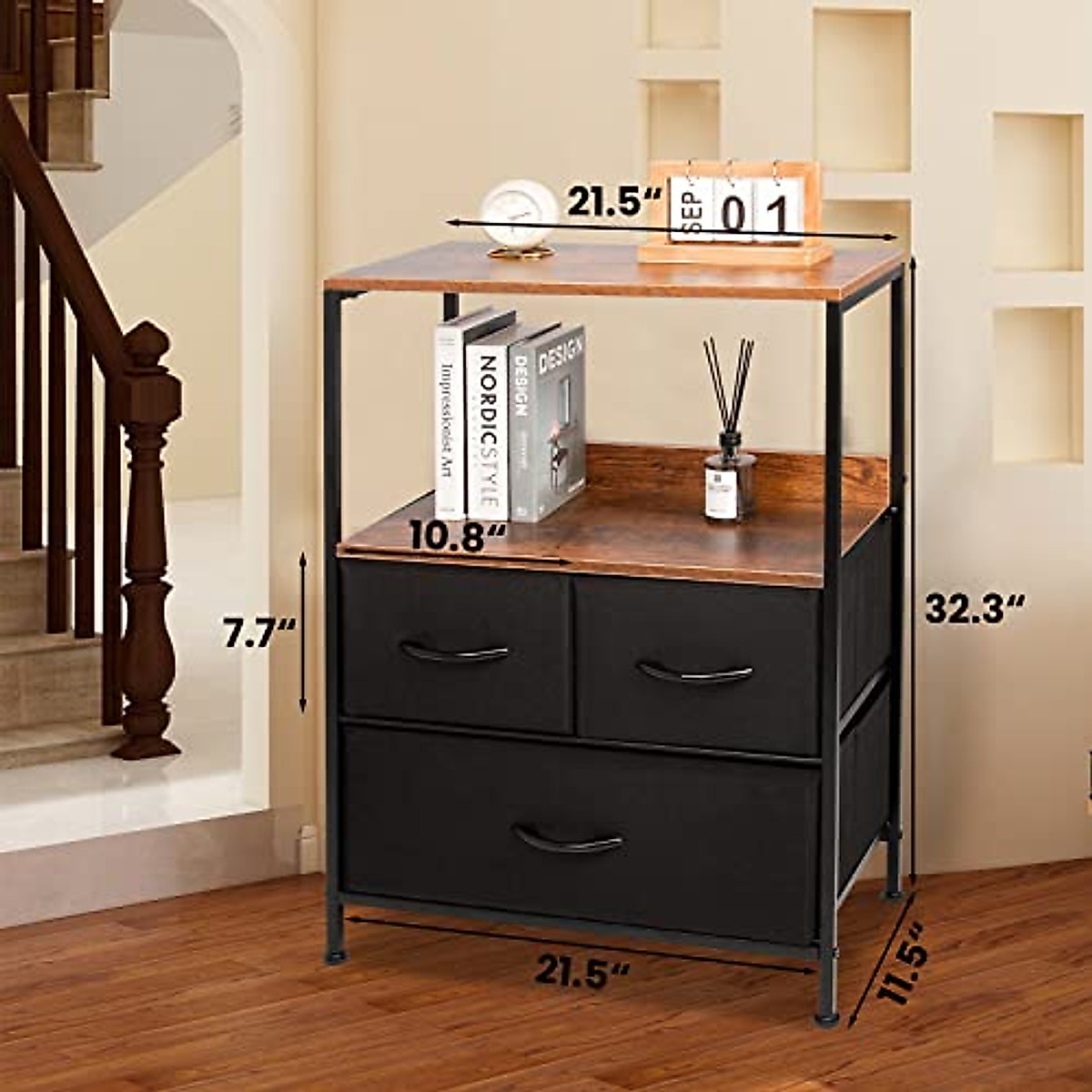 CONNOO Nightstand, Bedside Table with 3 Fabric Drawer, Storage Shelf, 2 Wooden Top, Night Stands Dresser for Bedroom, Hallway, Hotel, Closet, Nursery, Living Room, Office, Industrial Rustic Black