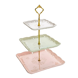 MALACASA 3 Tier Cupcake Stand, Porcelain Tiered Cupcake Tower Stand, Square Embossed Dessert Stand Serving Trays for Tea Party and Wedding, Multicolor Display Stand, Series Sweet.Time