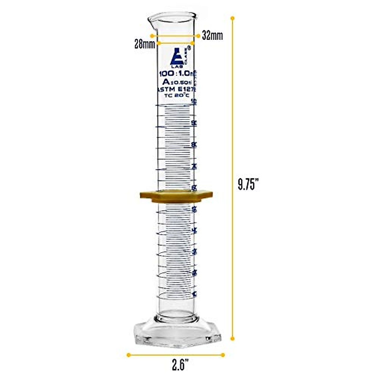 EISCO Graduated Cylinder, 100mL - ASTM, Class A Tolerance ±0.50mL - Protective Collar, Hexagonal Base - Blue Graduations - Borosilicate 3.3 Glass