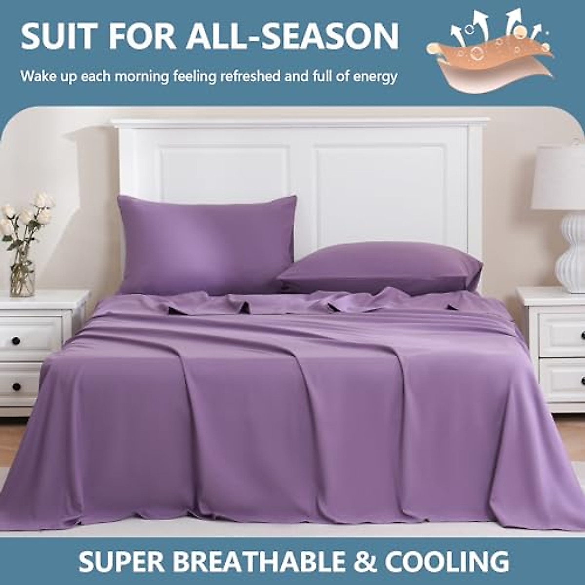 MEISHANG Full Size Sheet Set, Soft Breathable Cooling Brushed Microfiber Bed Sheets, Hotel Luxury Egyptian Sheets with 16 Inch Deep Pocket, Wrinkle Free, 4 Pieces (Full, Purple)