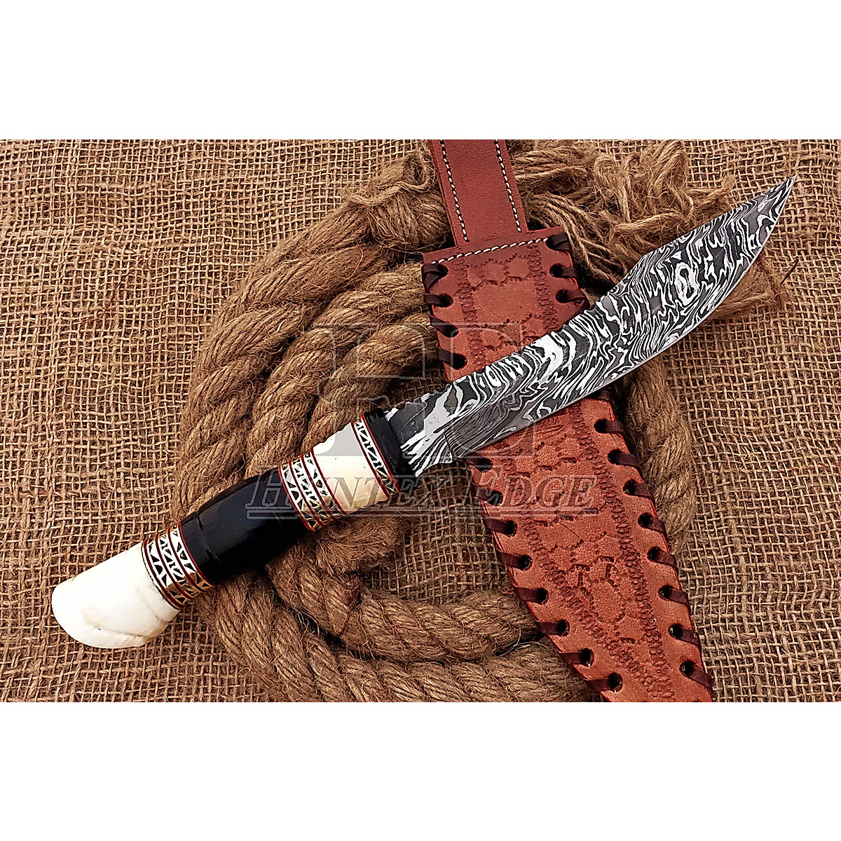 HUNTEX Unique Custom Handmade Hand-Forged Ladder Pattern Damascus Steel 12 Inch Long Full Tang Buffalo Horn Handle Razor Sharp Hunting Camping Spay Point Slicer Knife with Genuine Leather Sheath