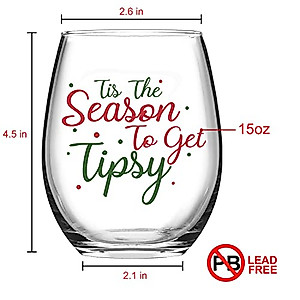 This the Season to Get Tipsy Christmas Stemless Wine Glass, Set of 4 Christmas Wine Glasses, Gift ideas for Christmas Holiday Wedding, Funny Wine Glasses for Women Friends Men family Wino, 15 Oz