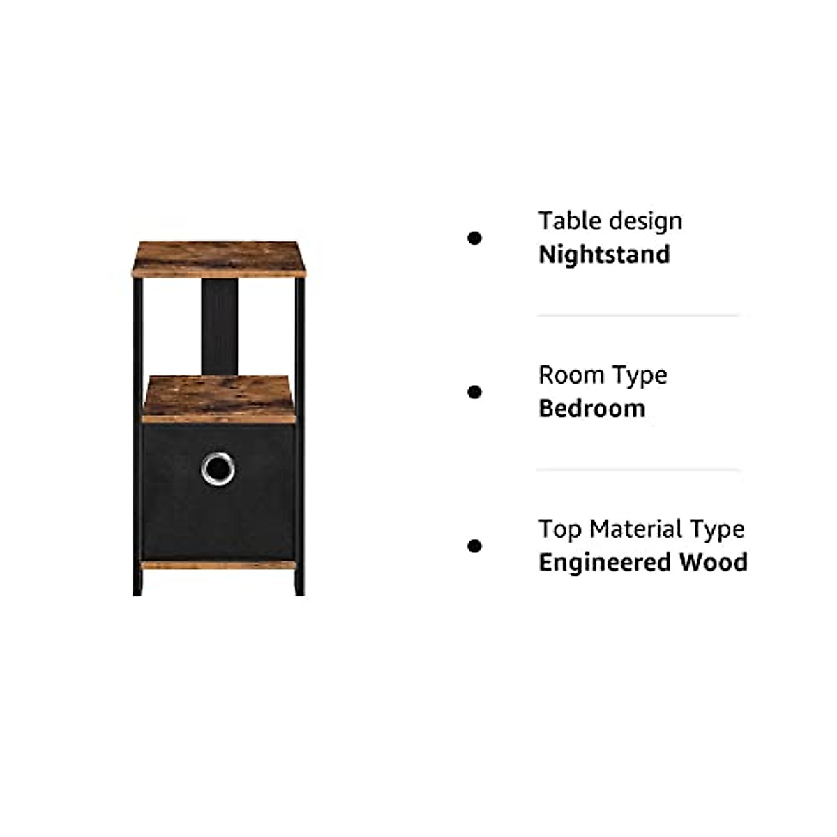 HOOBRO Bedside Table with Pull-Out Collapsible Storage Box, Retro Small Nightstand for Small Space, Living Room, Bedroom, Stable and Sturdy, Rustic Brown and Black BF35BZ01