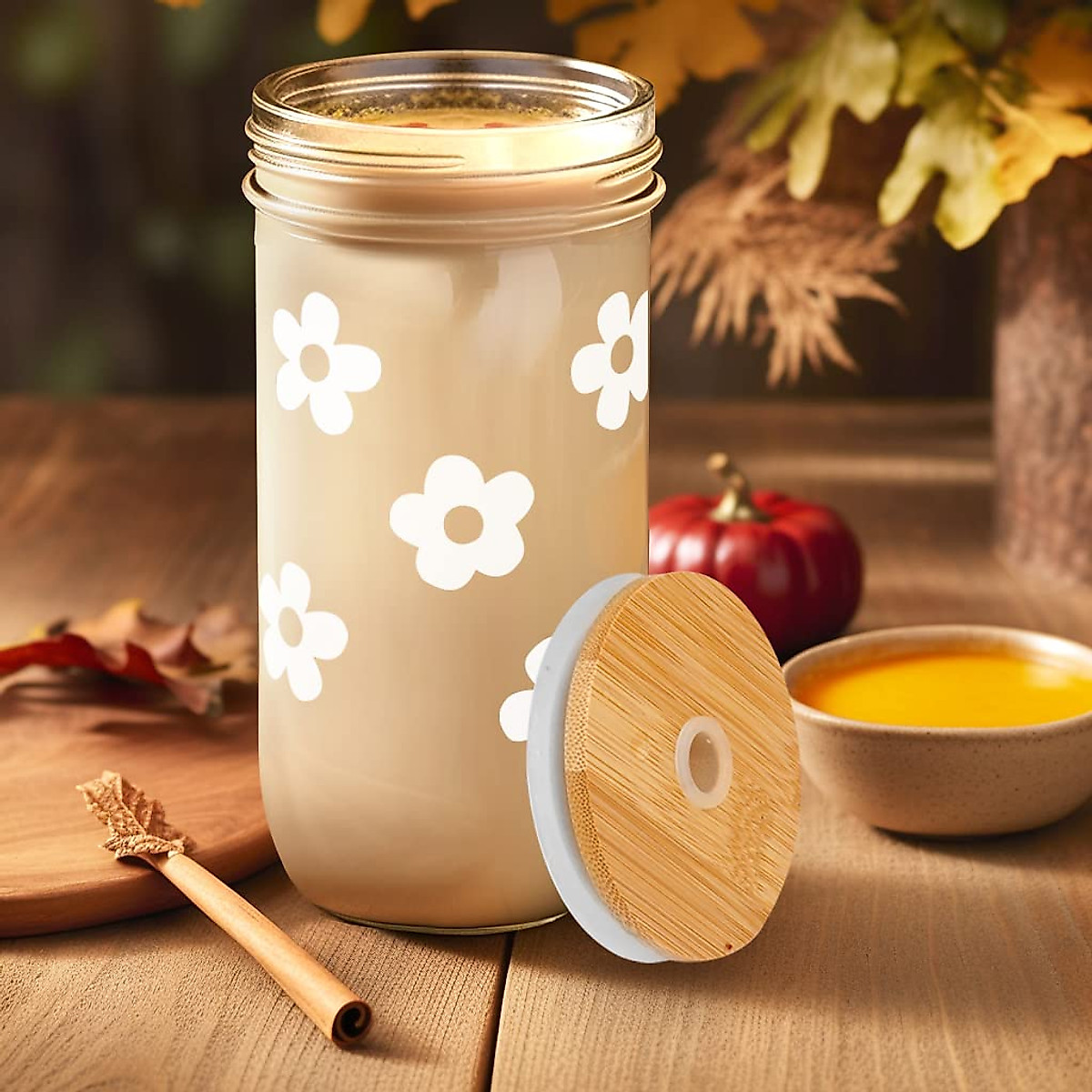 ANOTION Cute Glass Cups with Lids and Straws, Mason Jars with Flower Design, Bamboo Lid, Iced Coffee Cups Tumbler Drinking Glasses Travel Coffee Mug Perfect for Coffee, Smoothies, Boba Tea, and Wine