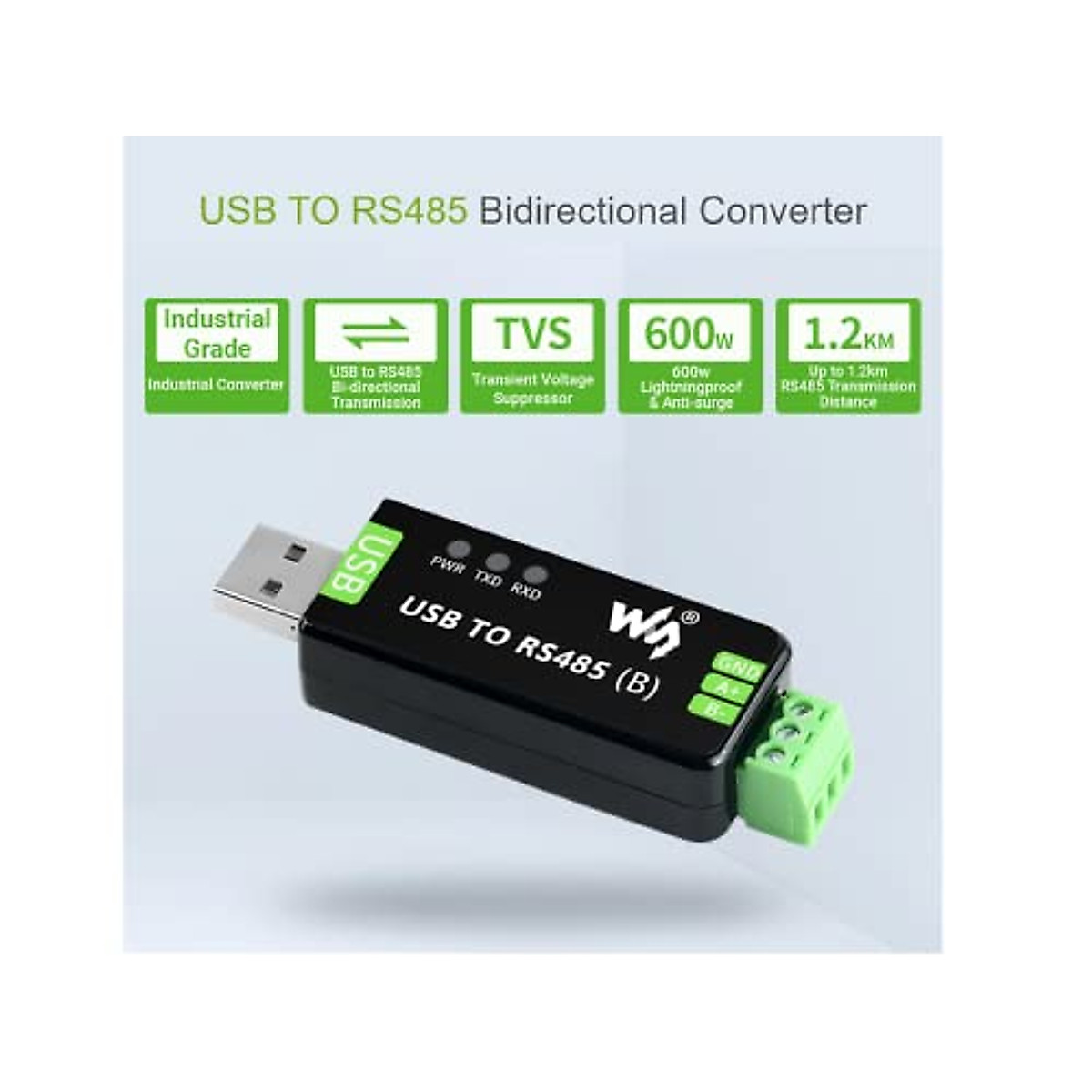 Industrial USB to RS485 Converter Adapter with Original CH343G and SP485EEN, Built-in Lightningproof Tube, Resettable Fuse, ESD and TVS Protection Circuits, up to 1.2km RS485 Transmission Distance