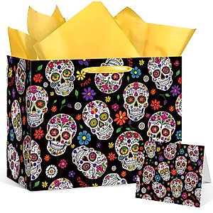 LUUFILx Day of The Dead Gift Bags Dia De Los Muertos Wrapping Paper with Greeting Card Halloween Party Gift Bags Trick or Treat Candy Bags Skull for Halloween Mexican Fiesta Party Favors Supplies