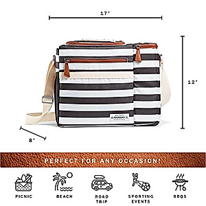 Foundry by Fit + Fresh, Brooks Dual-Compartment Insulated Cooler Bag with Wine Cooler Compartment, Food & Beverage Beach Bag, Picnic Basket, Perfect For Tailgating & Camping Accessories, Black & White
