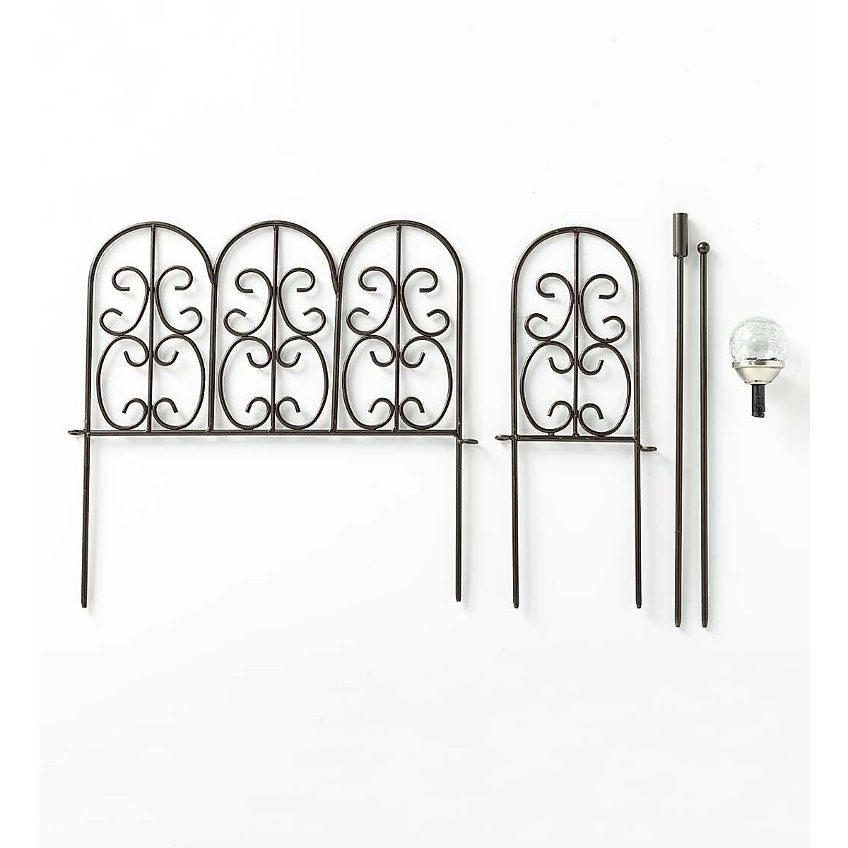 Plow & Hearth Montebello Decorative Metal Garden Edging with Crackle Glass Solar Lights, Outdoor Lighting Solutions, Six 18" L x 18" H Sections and Two 6" L x 18" H Sections