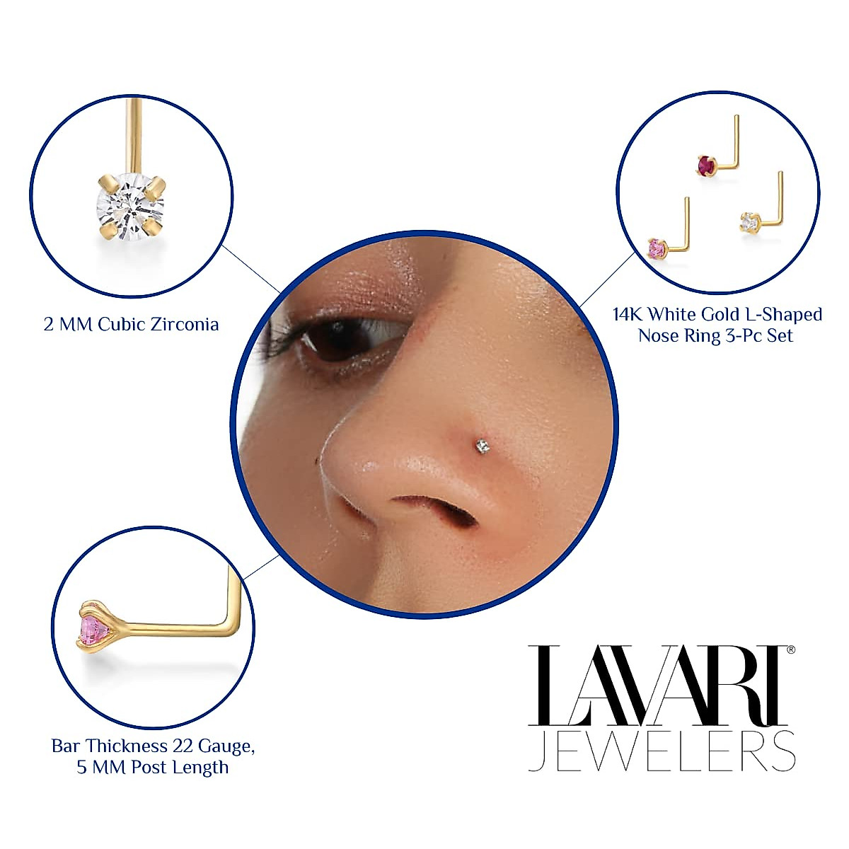 Lavari Jewelers 22 Gauge L-Shape Nose Ring Set for Women I 2mm White, Pink, and Red Cubic Zirconia Nose Ring I 14k Yellow Gold Nostril Piercing I 22G Hypoallergenic Unisex Stud I CZ Body Jewelry